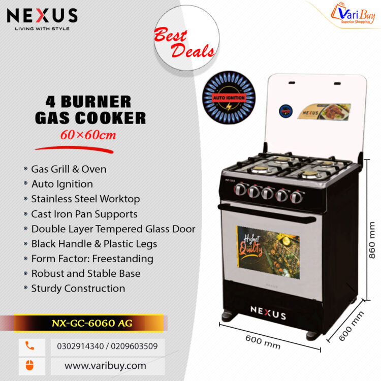 Nexus 4 Burner 60×60 High Quality Gas Cooker w/ Grill, Auto Ignition ...